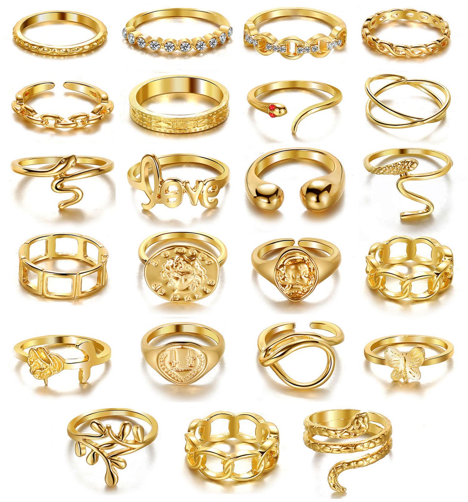 17IF 23 Pcs Gold Knuckle Rings Set for Women Grunge Vintage Goth Punk Chunky Ring Modern Boho Butterfly Snake Rose Stackable Thick Finger Rings Silver Midi Rings Pack Lover for Anniversary Birthday Party