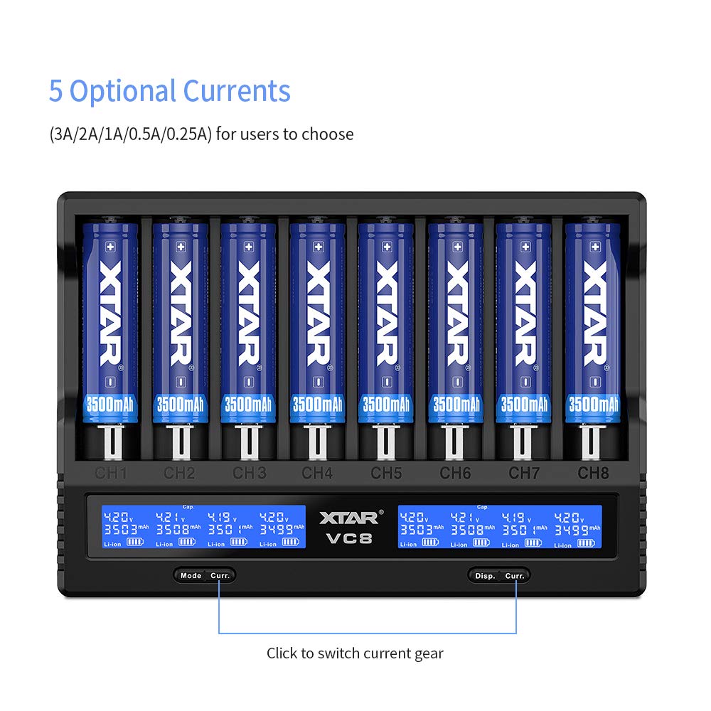 8 Bays Charger USB C Battery Charger XTAR VC8 Type C 3A Fast Charger 8-Bay Smart Charger LCD Display for 3.6V 3.7V Li-ion 1.2V Ni-MH C (Package Not Including Battery)