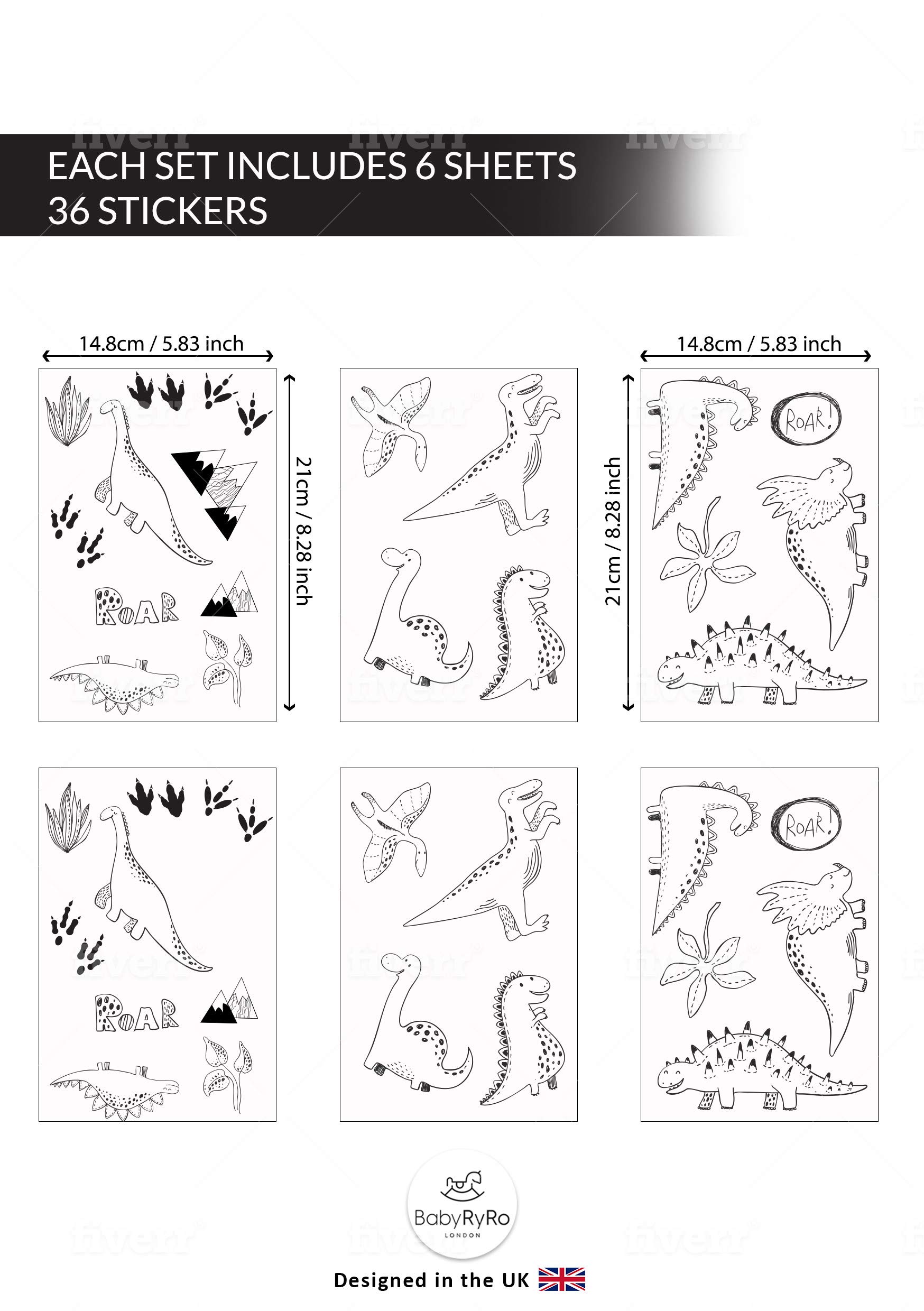 Baby RyRo London Stylish Dinosaur Wall Decals - Charming Baby Room Decor, Dinosaur Wall Decor, Dinosaur Wallpaper, 36 Dino Wall Decals, Peel and Stick Wallpaper, Peel and Stick.