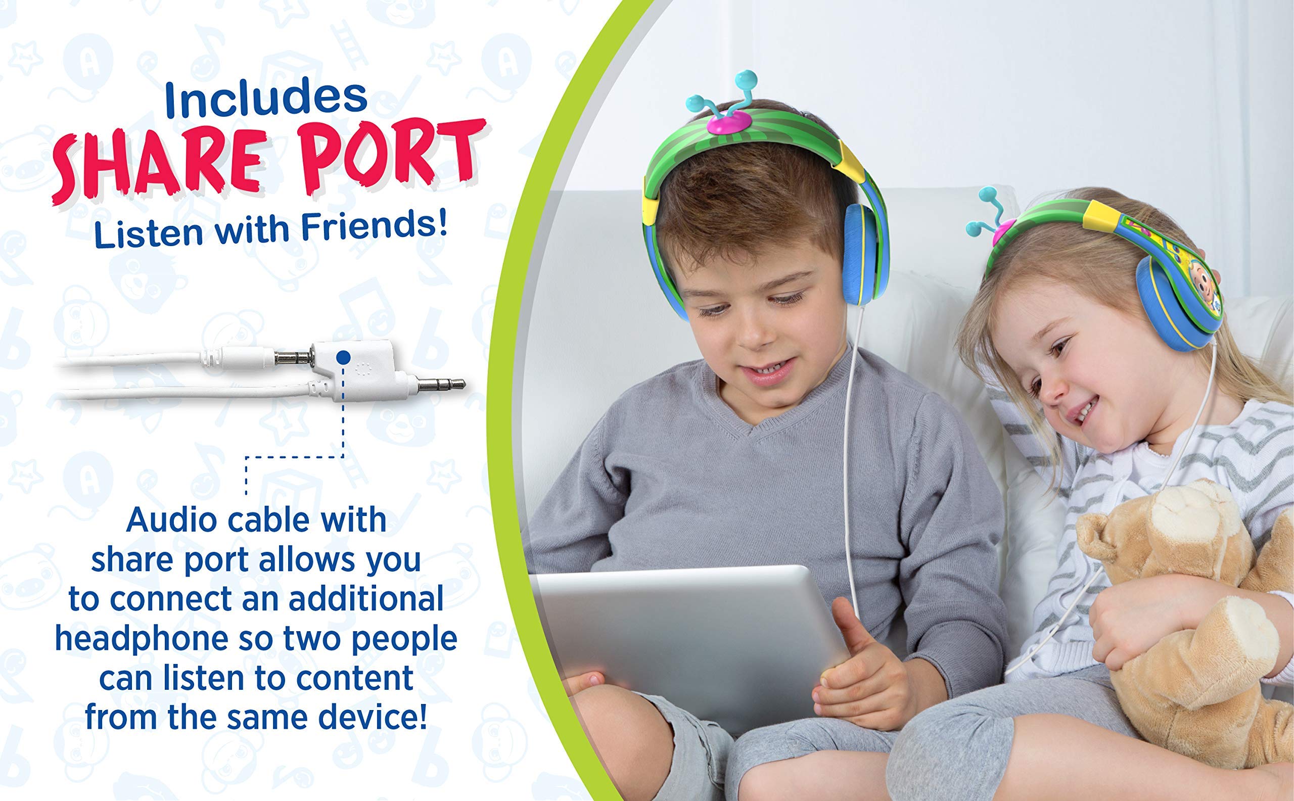 eKids Cocomelon Headphones for Kids, Wired Headphones for School, Home or Travel, Tangle Free Toddler Headphones with Volume Control, 3.5mm Jack, Includes Headphone Splitter