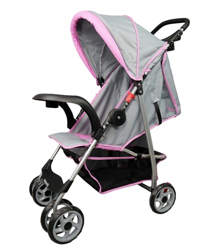AmorosO Single Stroller - Baby Stroller with Four Wheels - Lightweight Stroller - Convertible Stroller with Extra Storage Space - Foldable Stroller with Sun Protection Hood Cover (Pink/Grey)