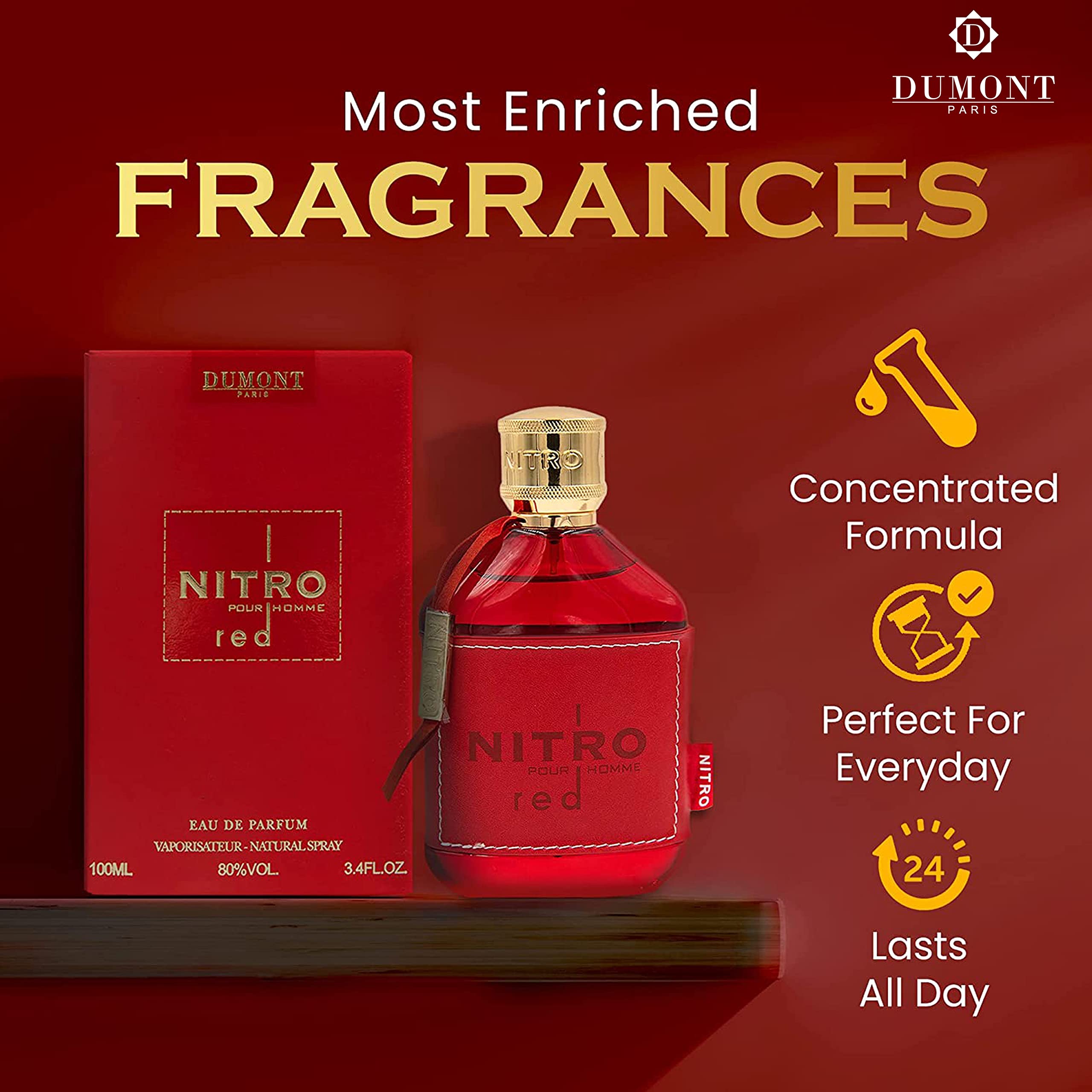 Dumont NITRO RED - 3.4oz - Eau De Parfum - Luxury Perfume for Men - Fruit, Woody, Floral & Masculine Fragrance - Long Lasting Cologne Mist & Body Spray - for Him