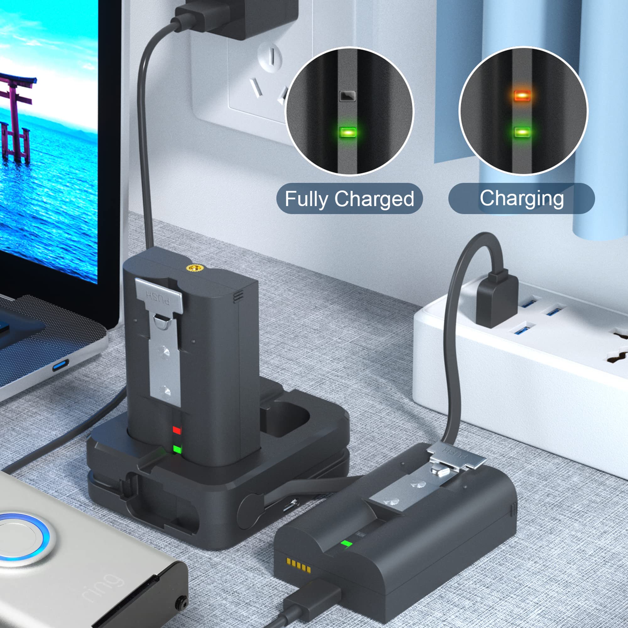 2 Pack Battery with Charger Station Compatible with Ring-Doorbell Camera 2/3/3+/4, Peephole Cam, Spotlight Camera, 6040mAh Rechargeable Li-ion Batteries (NOT for Stick Up Cam)