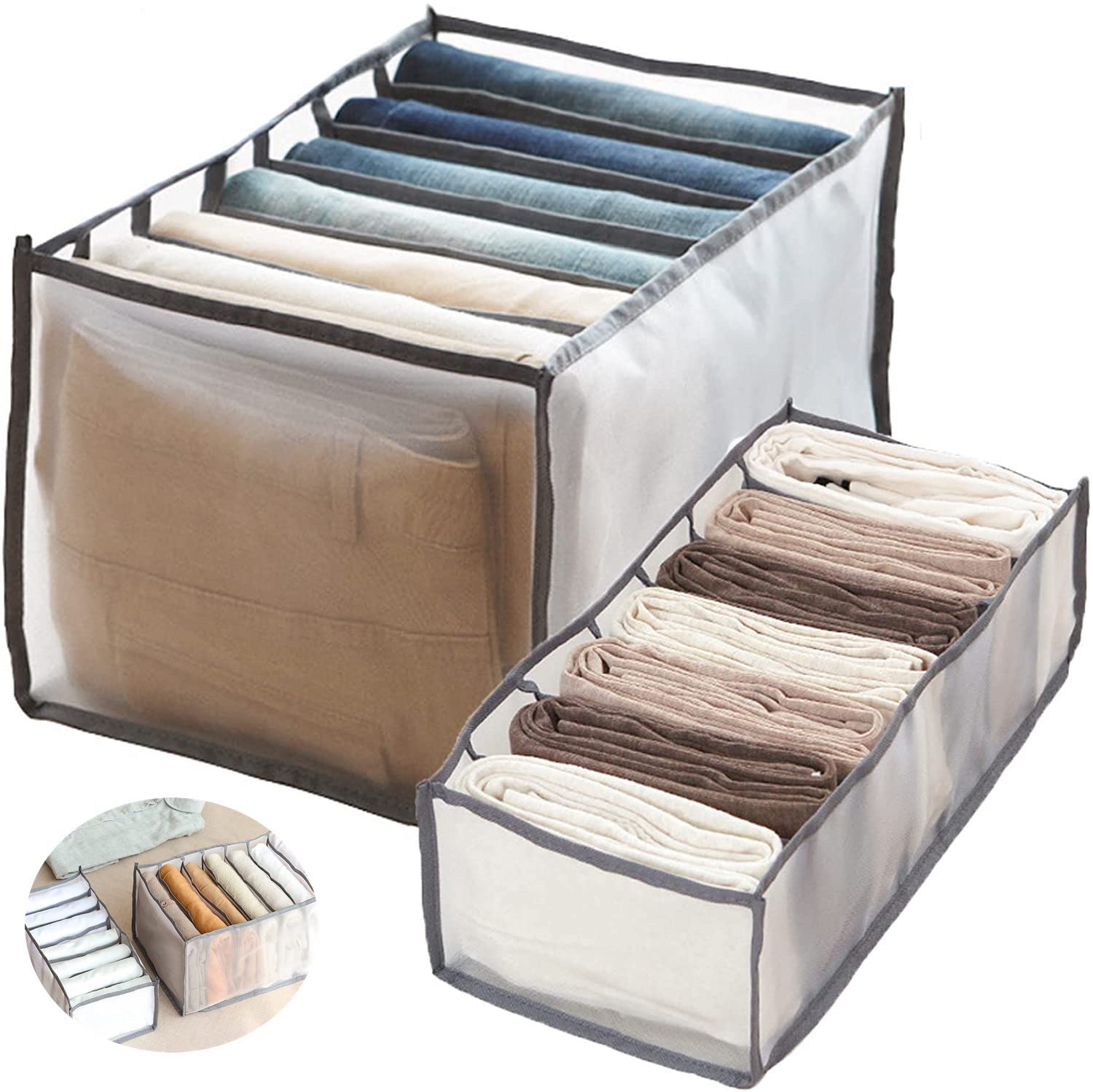 2Pcs Wardrobe Clothes Organizer - Closet Organizers and Storage Baskets, 7 Grids Closet Organizers, Stackable and Foldable Clothes Drawer Mesh Separation Box, Clothing Storage Bins