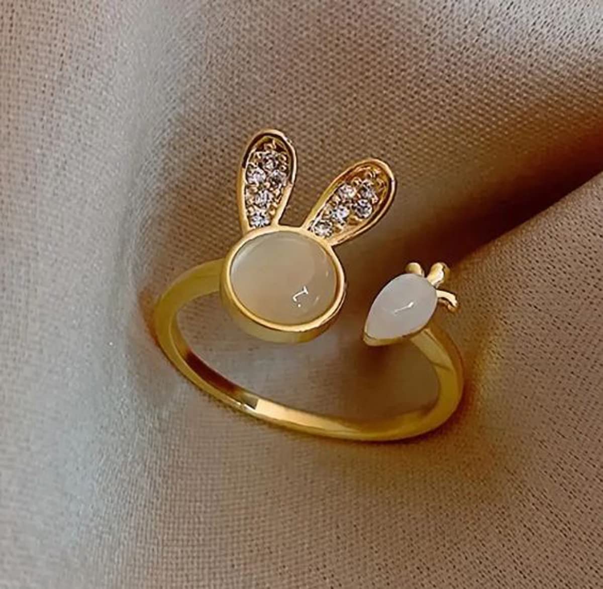 14K Gold Plated Copper Cute Bunny Rabbit Animal and Carrot Adjustable Ring Jewelry for Women