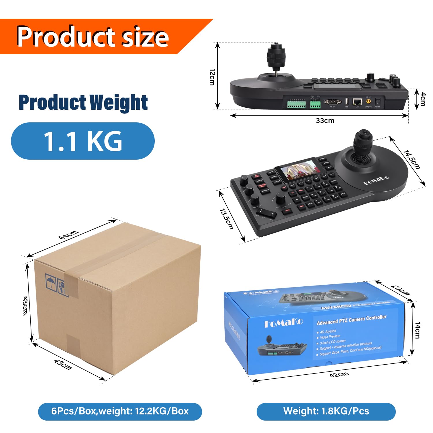 FoMaKo PTZ Controller PoE 3" LCD Screen Preview, 4D Joystick PTZ Camera Controller for Church Live Service Education, Visca PELCO D/P RS232 RS485 (No NDI License) (KC608 Pro)