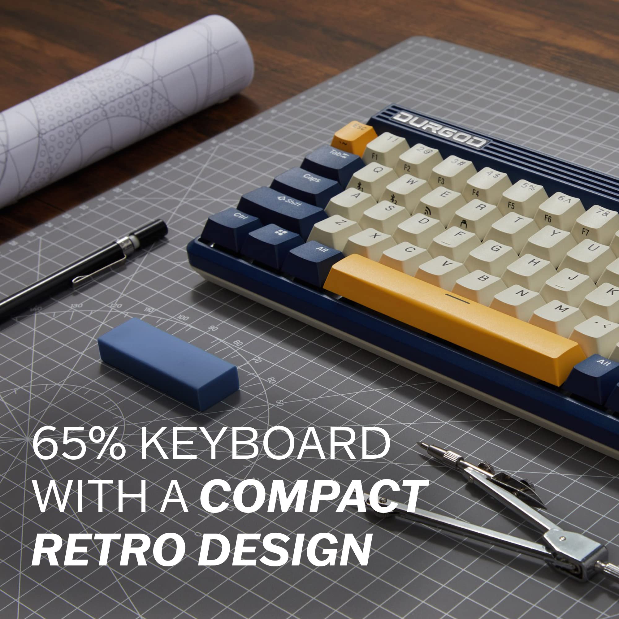 DURGOD Fusion Mechanical Keyboard - 65% Layout - Doubleshot PBT Cherry Profile - Wireless 2.4gHz / Bluetooth 5.0 / USB Type C - Up to 40 Days Battery Life (Cherry Blue, Navigator)
