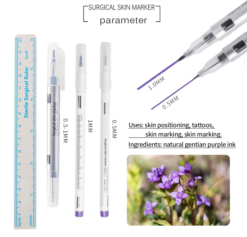 LabAider 6Pcs Professional Surgical Tip Skin Marker Pen Sterile Tattoo Stencil Markers Pen with Paper Ruler for Eyebrow, Lips - Individually Wrapped (0.5MM&1MM)