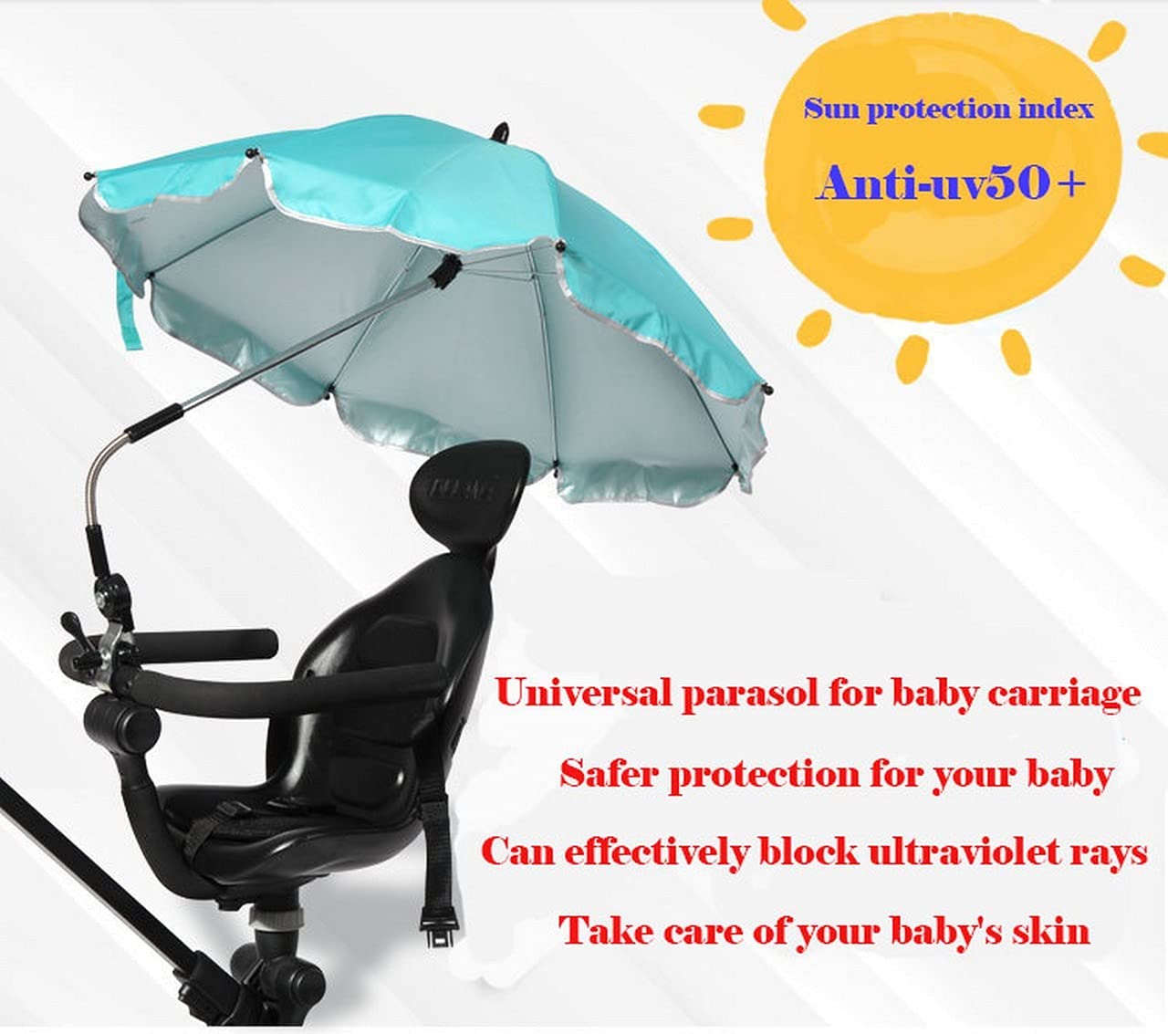 Baby Stroller Parasol, Clamp-On Shade Umbrella, with Umbrella Clip Fixing Device, 360 Degree Adjustable UV Protection, 79cm/31.1in Long, Suitable for Beach Chairs, Baby Strollers (Black)