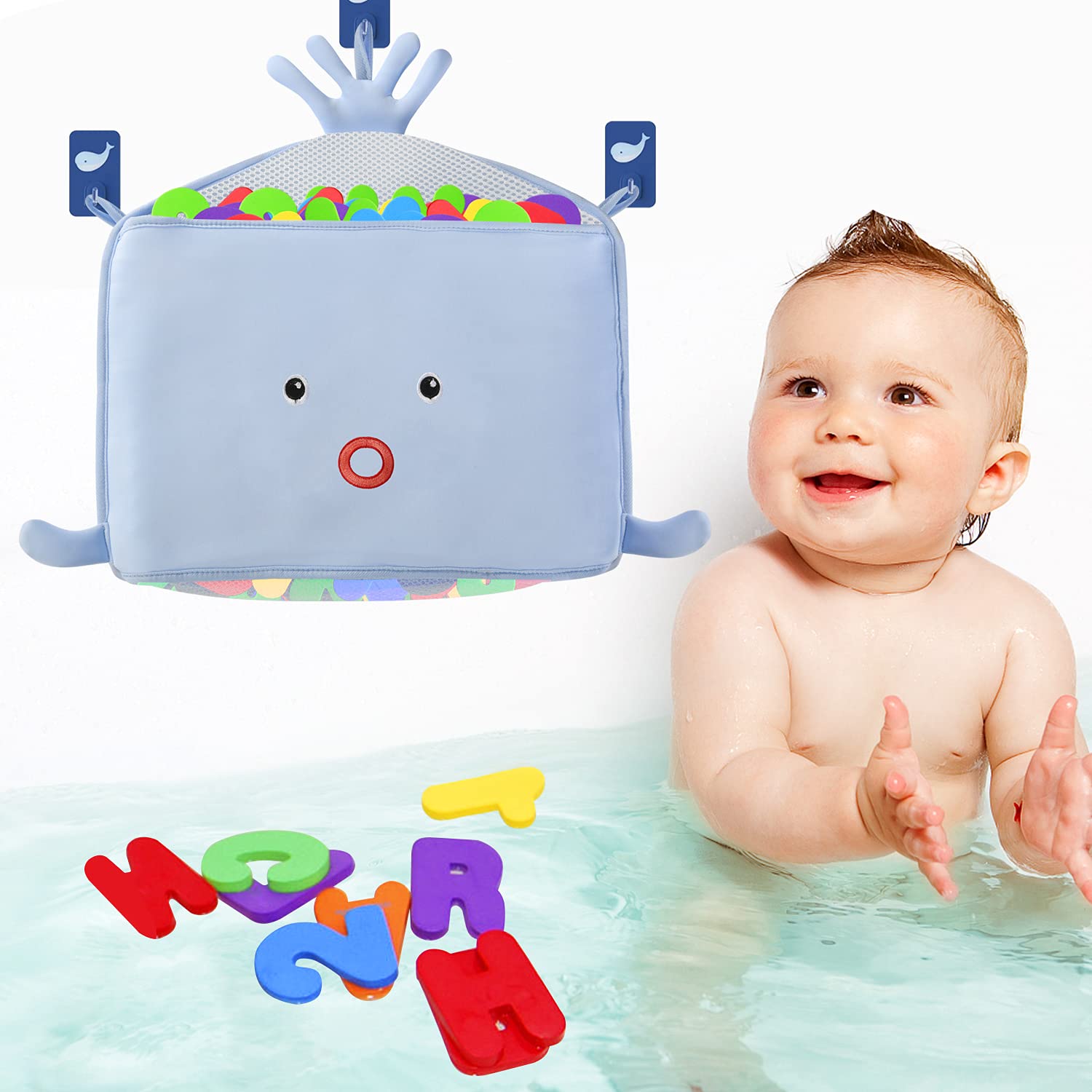 sundee Mesh Bath Toy Organizer + 36 Foam Bath Letters and Numbers,Baby and Toddlers Bathtub Mesh Quick Dry Net Bathtub Toy Holder, Perfect Toy Storage Net, Hanging Bathroom Storage Bags - Blue