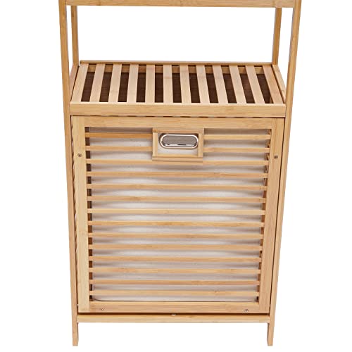 46.9'' Tilt Out Laundry Hamper, 3-Tier Bamboo Laundry Hamper Cabinet Floor Stand Bathroom Storage Shelf Cabinet Clothes Organizer Laundry Shelf for Laundry Room Bathroom Bedroom