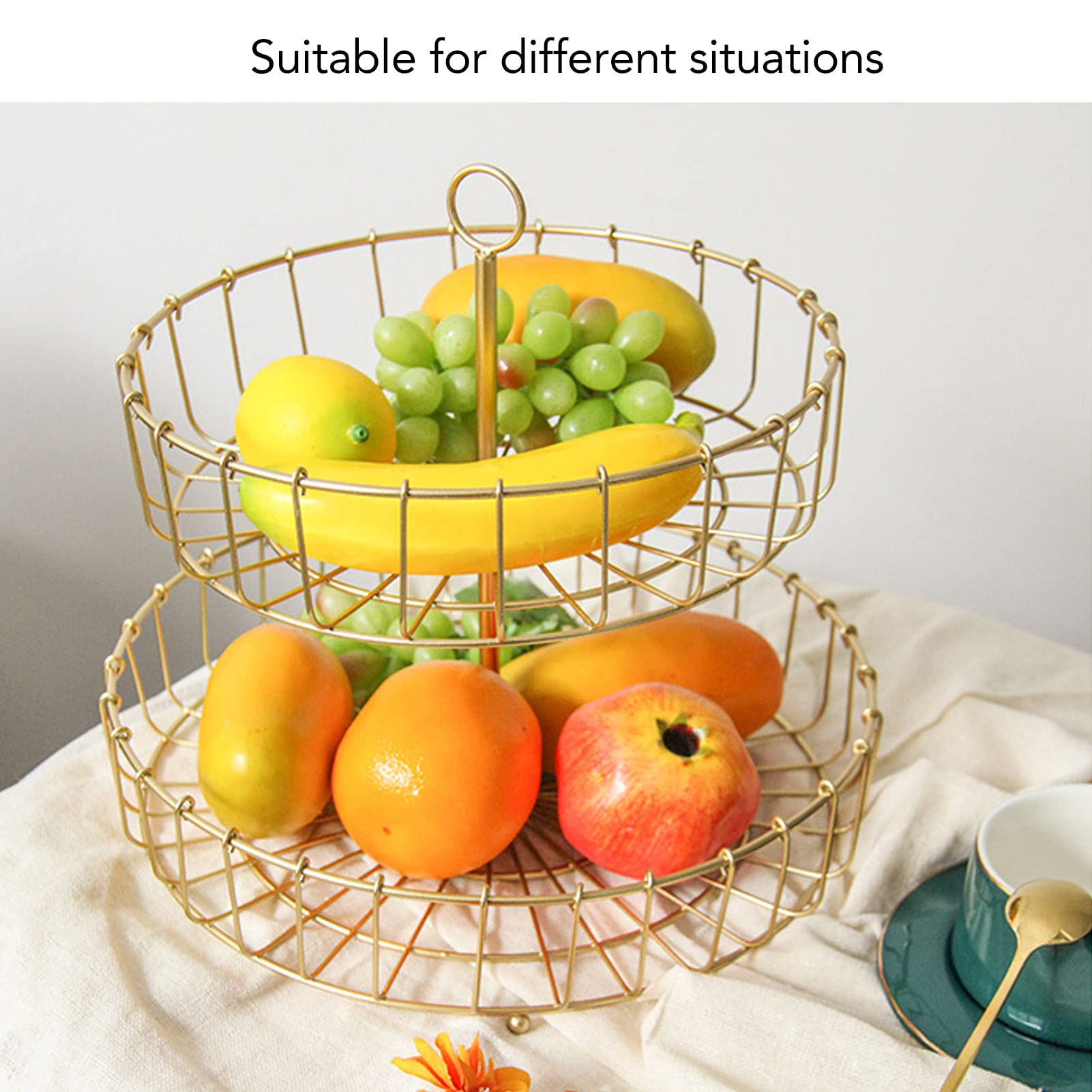 2 Tier Fruit Basket, Vegetables Fruit Bowl Storage Golden Household Snack Storage Tray Stand Organizer for Kitchen Countertop Counter