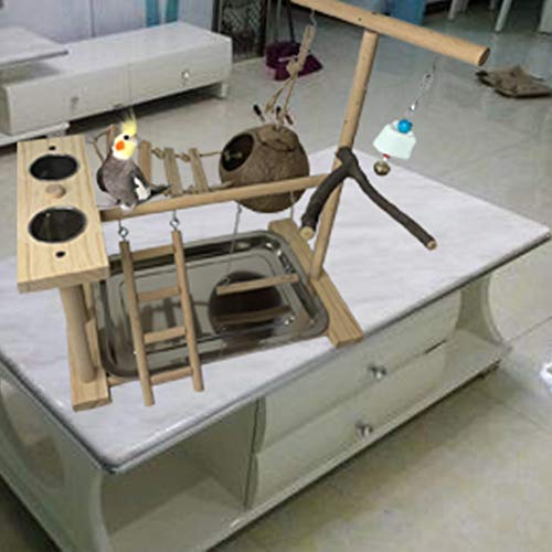 Hamiledyi Parrot Playground Bird Playstand Wood Perch Gym with Feeder Cups Toys Cockatiel Nest with Ladder for Conure Lovebirds