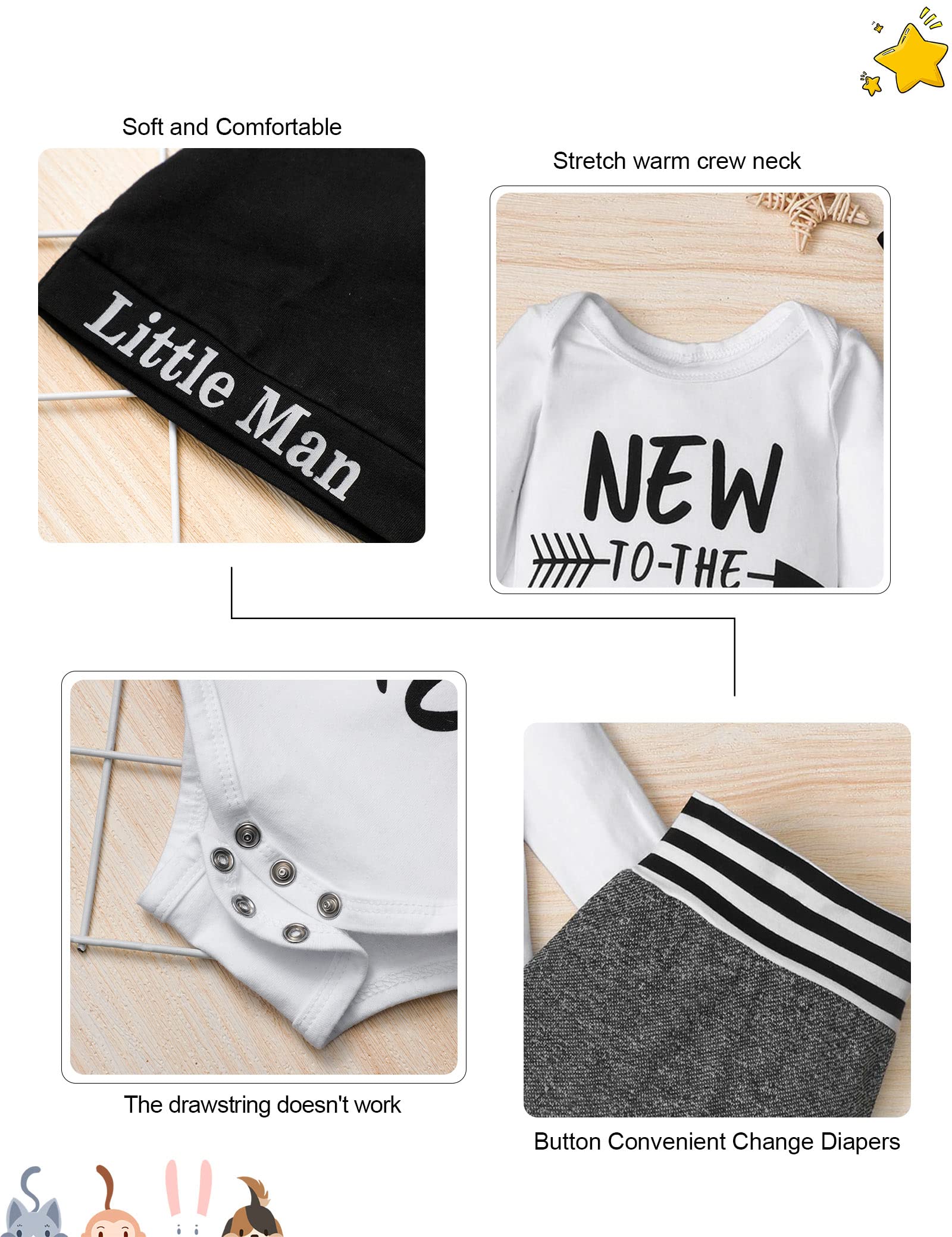 Baby Boy Clothes 0-3 Months Baby Clothes Boy New to The Crew Print Romper Pants Hat 3PCS Baby Boy Outfits White