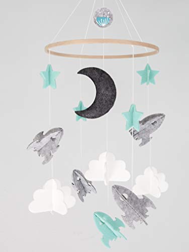 Baby Crib Mobile for Boys and Girls - Blue Baby Shower Gift Set Nursery Decor Starry Night Moon Star Cloud Rocket Space Unisex