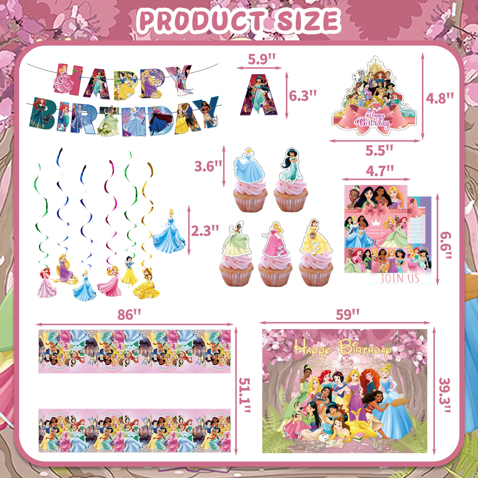 162pcs Princess Birthday Decoration For Girls,With Balloon,Cake Toppers, Pennants ,Invitation letter,Stickers, Plastic Swirls, Tableware,Paper Cup,Tablecloth, Backdrop For Girls Theme Party