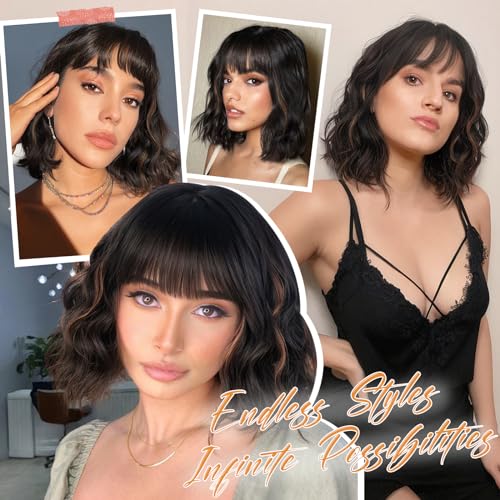 ENTRANCED STYLES Wavy Bob Wigs with Bangs for Women Black Mixed Brown Short Wavy Bob Curly Wig Synthetic Natural Looking Heat Resistant Fiber Wig