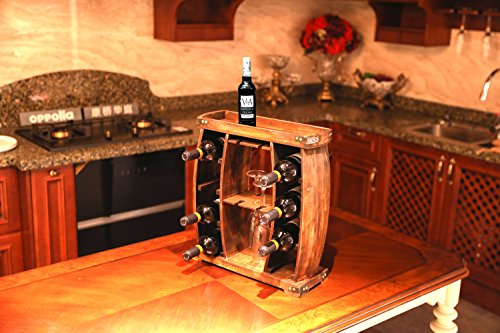 Decorative Wooden 8 Bottle Rustic Wine Rack with Glasses Holder