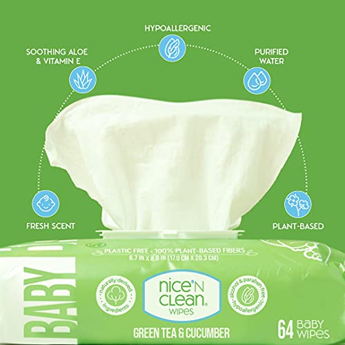 Nice 'N Clean Scented Baby Wipes | Made with Plant-Based Fibers | Green Tea Cucumber Scent | 64 Wipes (Pack of 6)