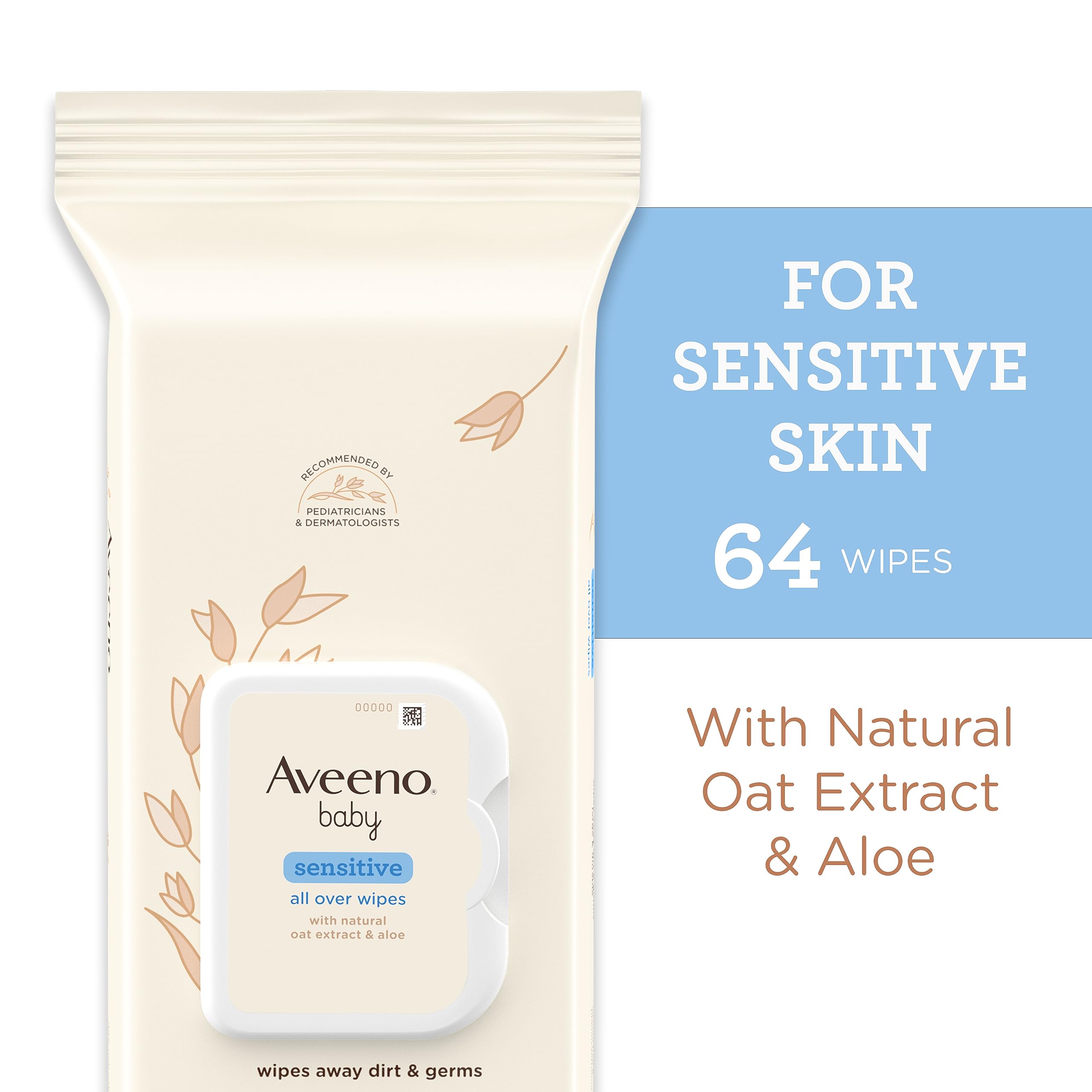 Aveeno Baby Sensitive All Over Wipes with Aloe & Natural Oat Extract for Face, Bottom, Hands & Body, pH-Balanced, Hypoallergenic, Fragrance-, Phenoxyethanol- & Alcohol-Free, 64 ct