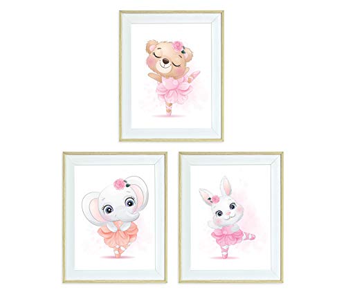 Framed Nursery Wall Art Animals Ballerinas for Girl Baby Room Wall Decor, 10"x12" Wood Frame, Set of 3