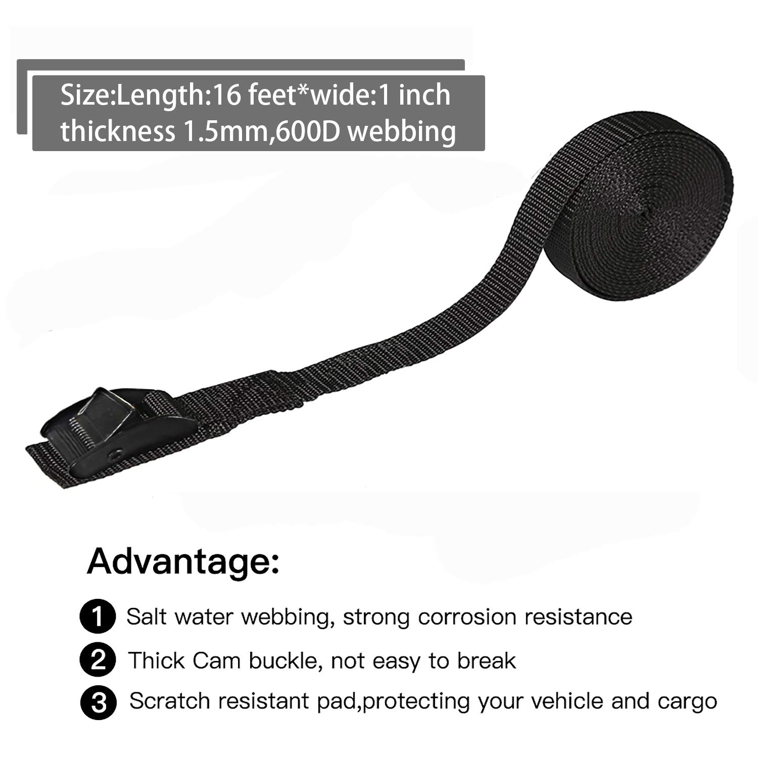 16ft Tie Down Straps, Lashing Straps Heavy Duty up to 700lbs,Adjustable Cam Buckle Tie-Down Straps for Motorcycle, Cargo, Trucks,Trailer,SUP, Kayak, Luggage- Black 2 Pack