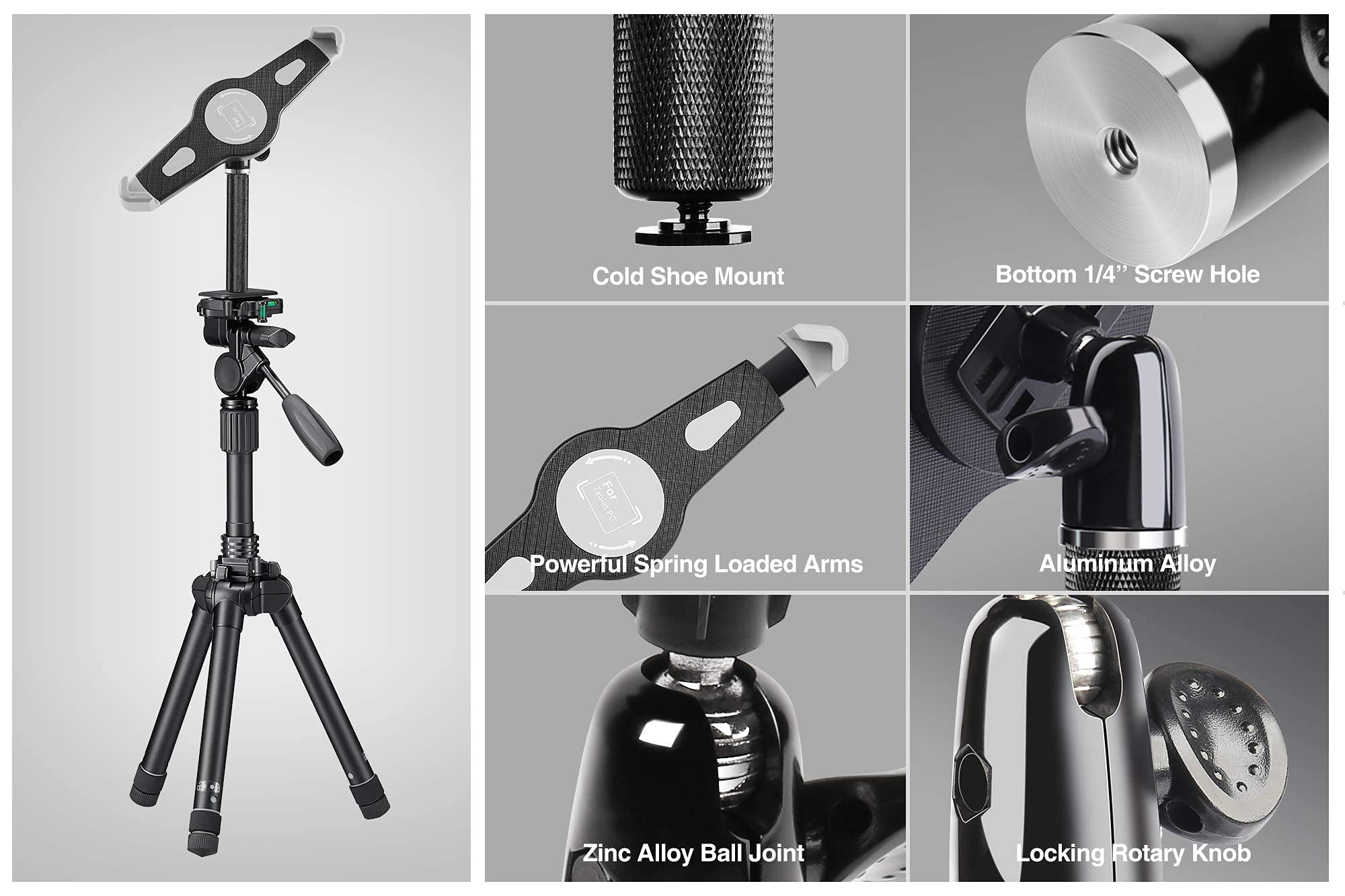 Elitehood 360 Rotatable iPad Holder, Universal Tablet Tripod Mount for 9.5-14.5' Tablets, iPad Pro, Air, & More, Compatible with 1/4'-20 Thread Tripods, Monopods, & Selfie Sticks
