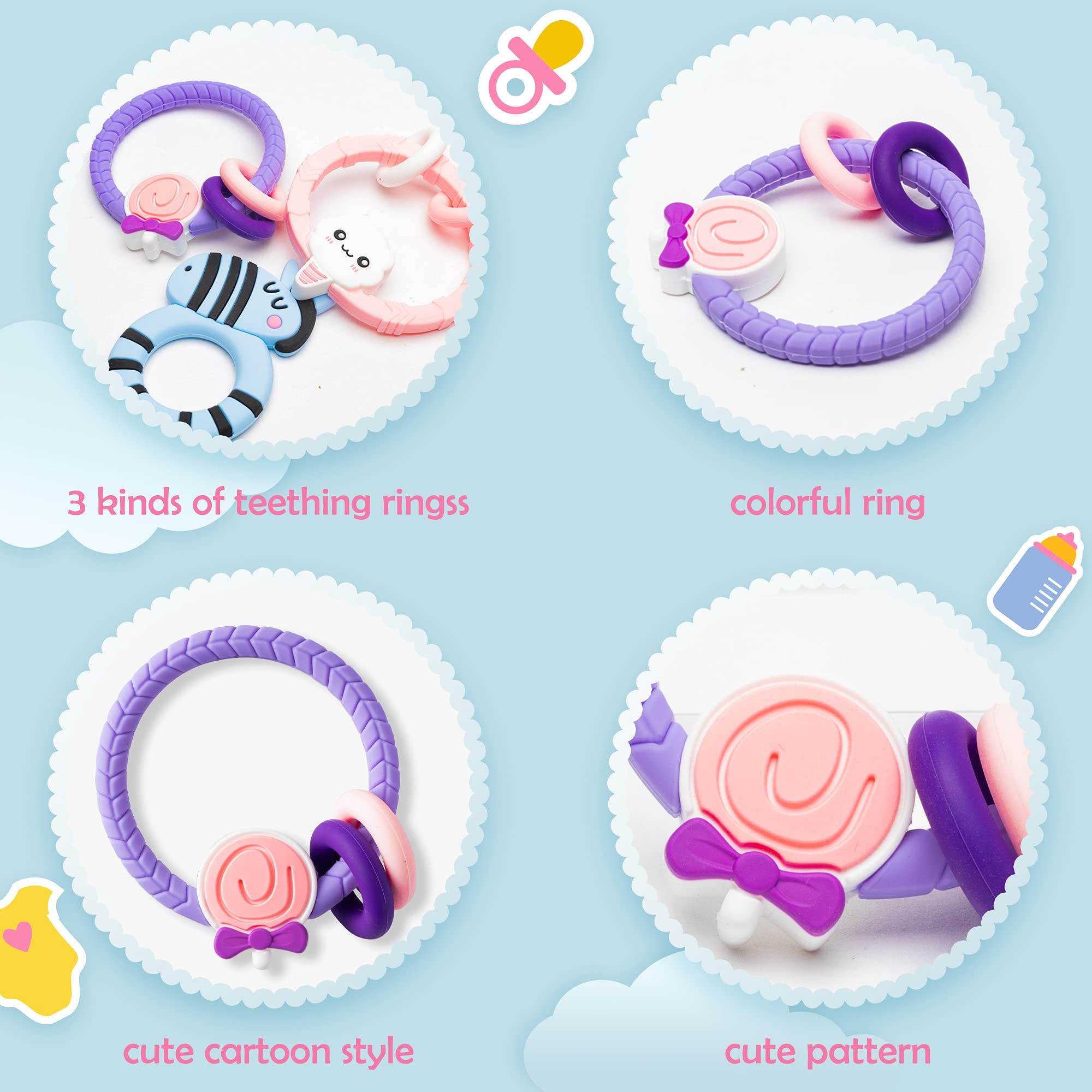 3pcs Baby Teething Rings, Silicone Teether with Rattle Sensory Teething Relief Soothing Teether Toys Soothes Baby Gum Pain, Lollipop Marshmallow Zebra Biting Ring Oral Chew Tools for Infants