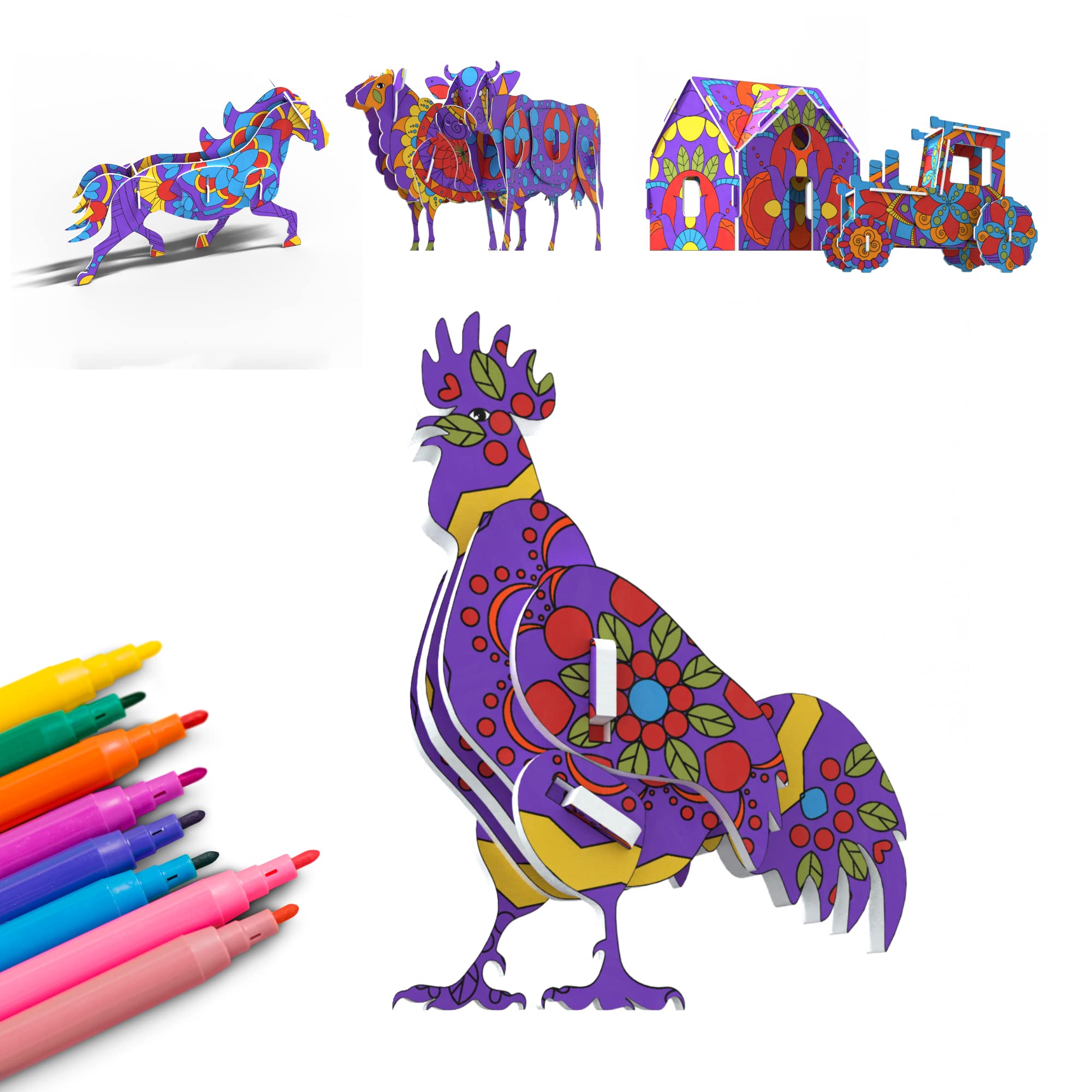 3D Coloring Puzzle Set with Unique Mandala Pattern - DIY 3D Puzzles for Kids Ages 7-15 - Arts and Crafts for Girls & Boys 3-d Puzzles Animal Drawing Art Kits for Kids - 6 Different Shapes