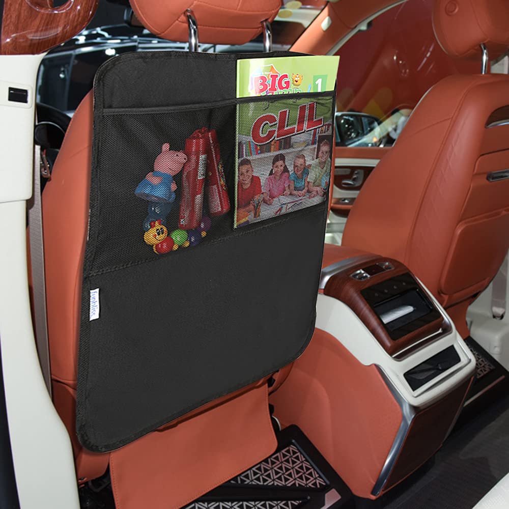 funbliss Duty Kick Mats(2 Pack),Back Seat Protector for Kids,Premium Waterproof Fabric, Reinforced Corners to Prevent Sag,2Reinforced Storage Pockets,Universal Fit,Black