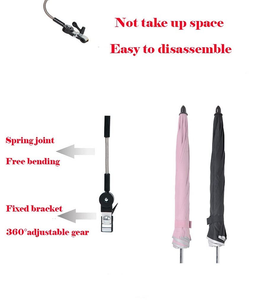 Baby Stroller Parasol, Clamp-On Shade Umbrella, with Umbrella Clip Fixing Device, 360 Degree Adjustable UV Protection, 79cm/31.1in Long, Suitable for Beach Chairs, Baby Strollers (Black)