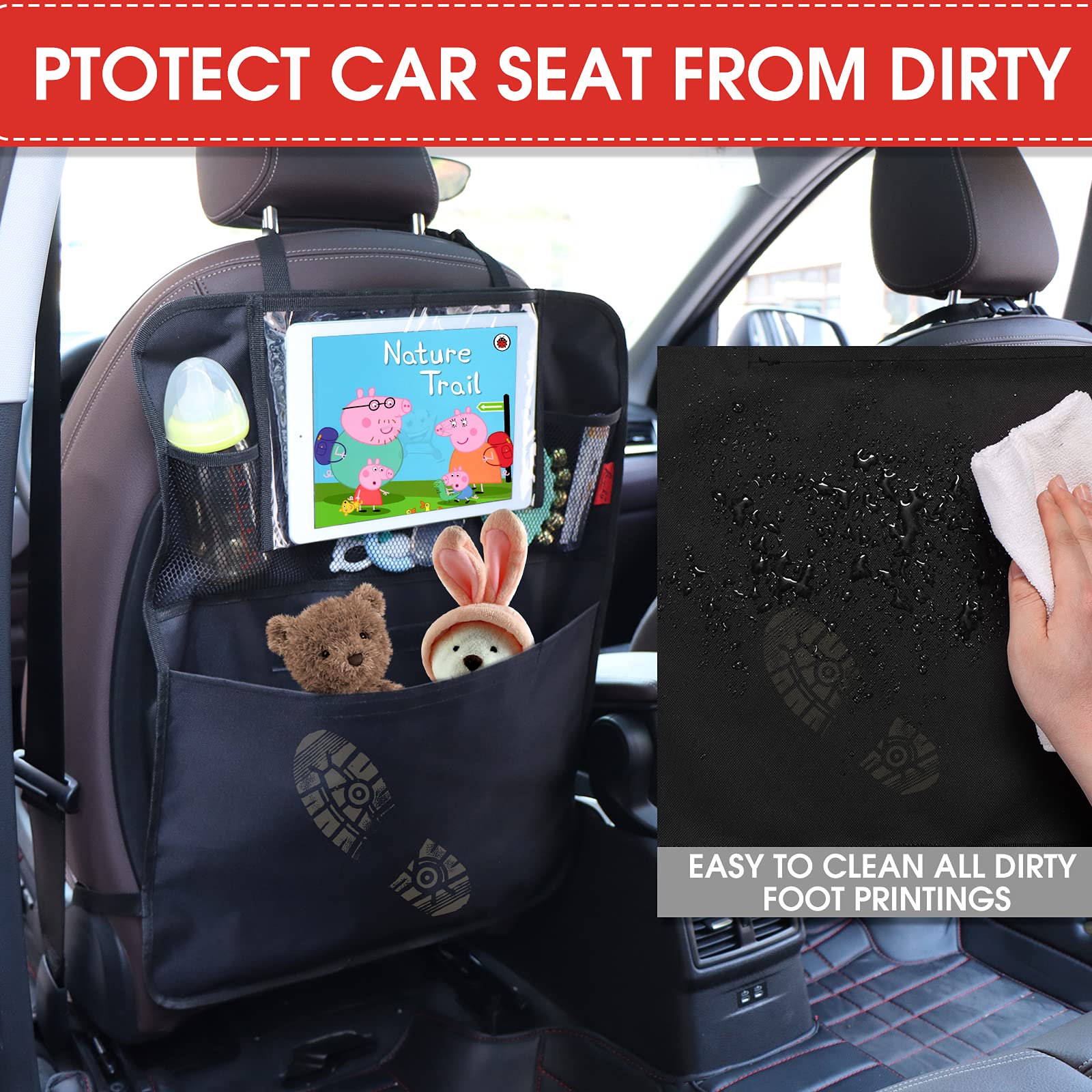 Kaiphy Car Seat Protector with Thick Padding + Backseat Car Organizer, XL Car booster protector for Child Baby Carseat, Waterproof & Durable 600D Fabric, Kick Mat Back Seat w/Storage Pockets