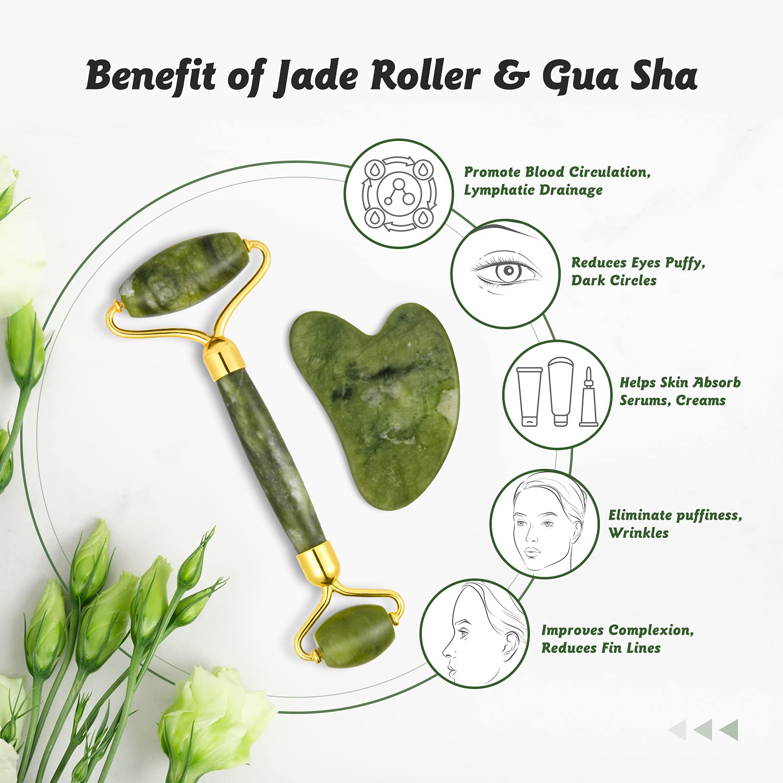 Jade Roller & Gua Sha Set, Face Roller, Cotify Anti-Aging Facial Roller, Natural Green Jade Beauty Massager Tool, Skin Care Tool for Face, Neck, Eye to Reduce Wrinkles and Relax Body Muscles