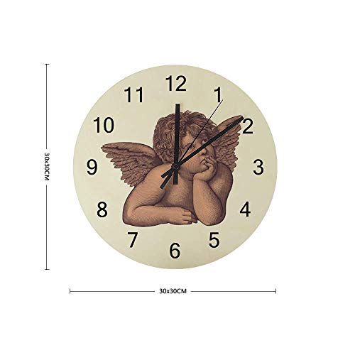 Hapuxt Silent Wooden Wall Clock 12" Non Ticking Angel from The Fresco Battery Operated Clock Creative Fashionable Home Decor for Kitchen Office School Living Room