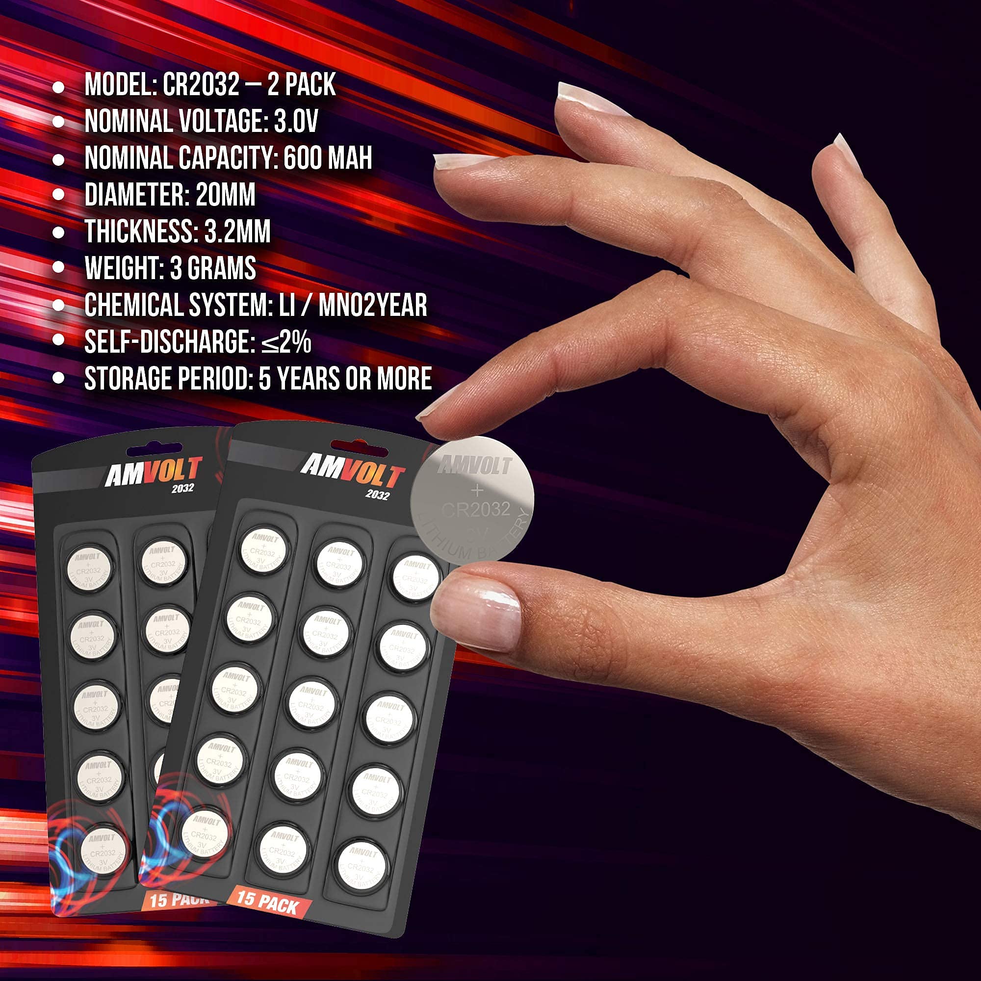 AmVolt 15 Pack CR2032 Batteries - [Extended Life] Airtag Battery 220mAh 3 Volt Lithium Replacement Airbag 3v C2032 Watch Battery Coin Round Button Cell - Key FOB - Child Resistant | 5 Year Guarantee
