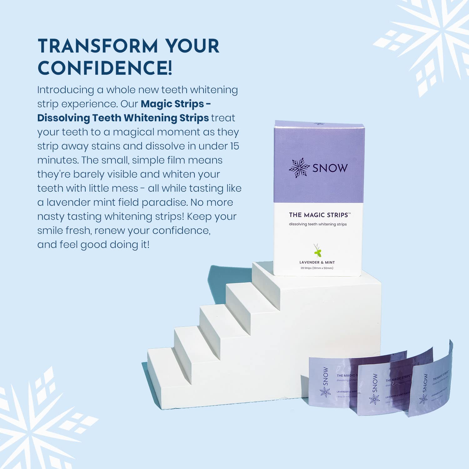 Snow The Magic Strips - Safe for Enamel Dissolving Teeth Whitening Strips - Mess-Free Portable Teeth Whitener for Oral Care with Lavender & Mint Flavor, Whitening Strips for Teeth, 1 Pack of 28 Strips