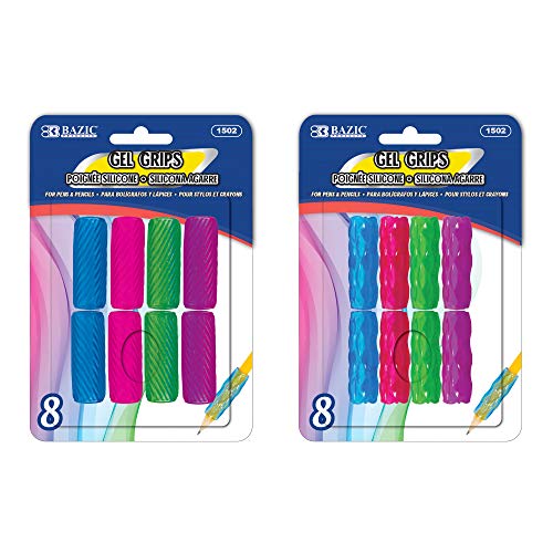 BAZIC Pencil Grip Soft Gel Pen Grip, Ergonomic Training Gripper for Righties Lefties, Comfort Grips for Adult Kids, Assorted Color (8/Pack), 2-Packs