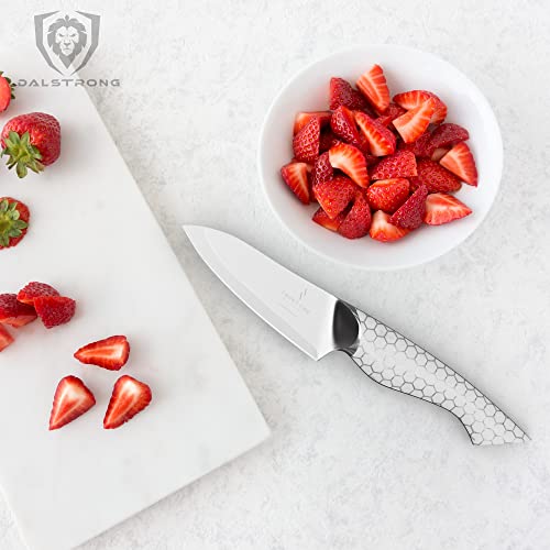Dalstrong Paring Knife - 3.5" - Frost Fire Series - High Chromium 10CR15MOV Stainless Steel - Frosted Sandblast Finish - White Honeycomb Handle - Leather Sheath - NSF Certified