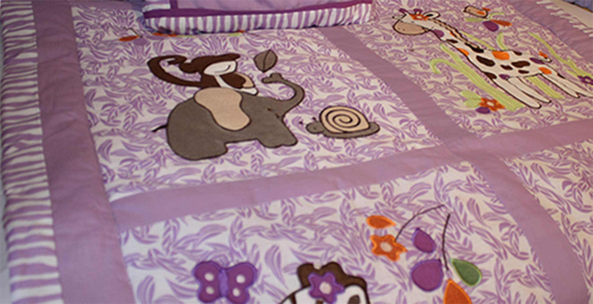 BabyFad Jungle Girl Purple with Elephant, Giraffe, Zebra and Turtle with Musical Mobile 9 Piece Baby Crib Bedding Set 100% Cotton