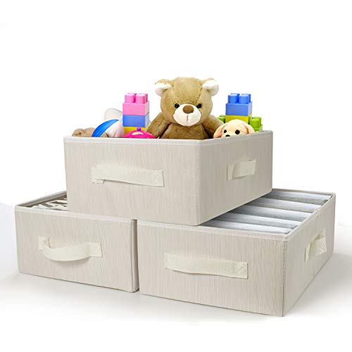 AILINA 3 Packs Large Fabric Storage Bins, Foldable Beige Storage Baskets for Shelves, Decorative Organizing Baskets with Double Handles for Bathroom Baby Cloth Nursery, 15 x 10.4 x 5.4 inch