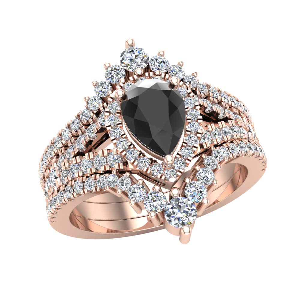 14K Rose Gold Wedding Ring Set Enhancer Look Bands Solitaire Pear Black Diamond (I,I1) (Ring Size 7.5)