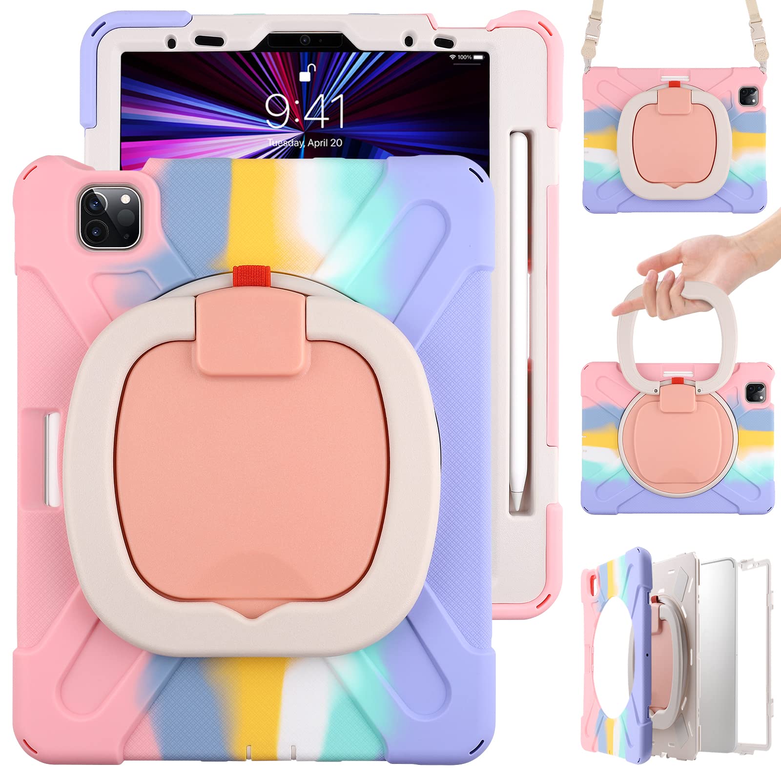 MEEgoodo Case for iPad Air 13 inch (M2) 2024 & iPad Pro 12.9 Case 6th/5th/4th/3rd Generation 2022 2021 2020 2018, Tablet Cover with Pencil Holder/Rotating Stand/Shoulder Strap for Kids, Colourful Pink