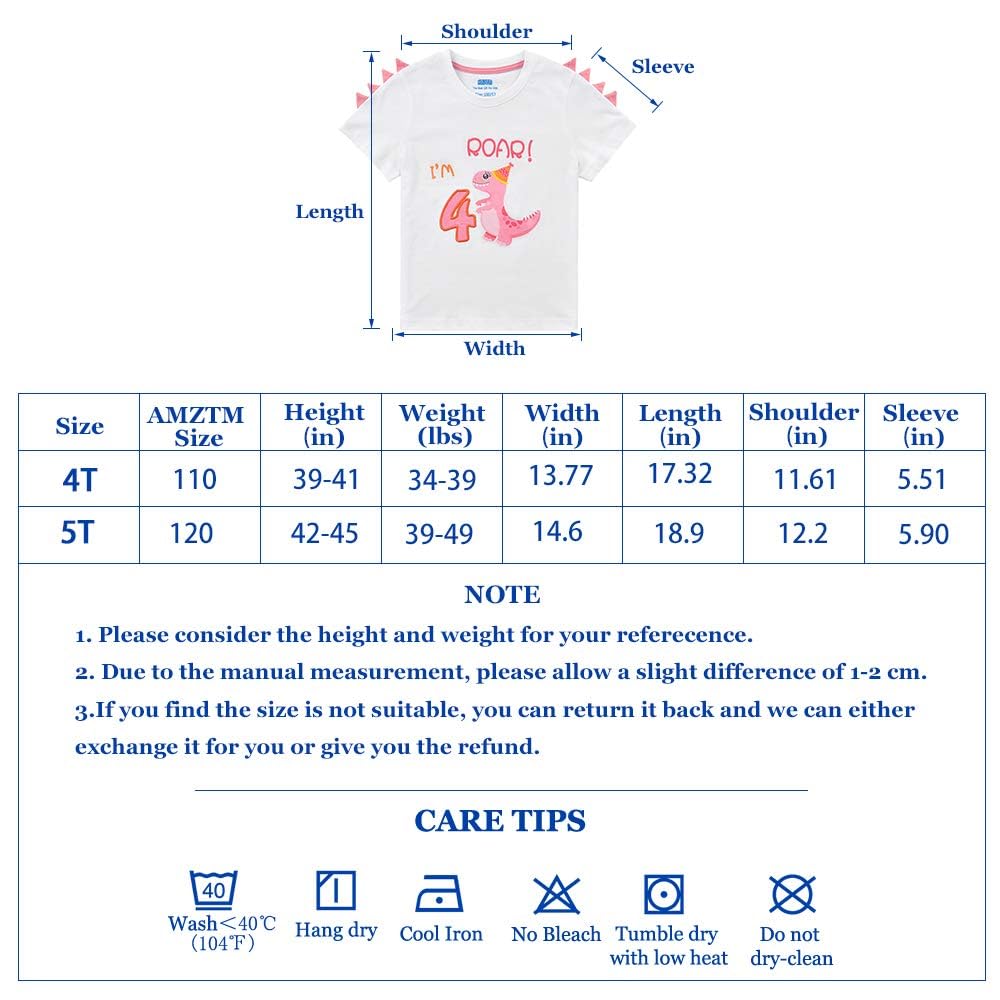 AMZTM 4th Birthday Girl T-Shirt Dinosaur Themed B-Day Party Tee Gift for Toddler (US, Age, 4 Years, White)