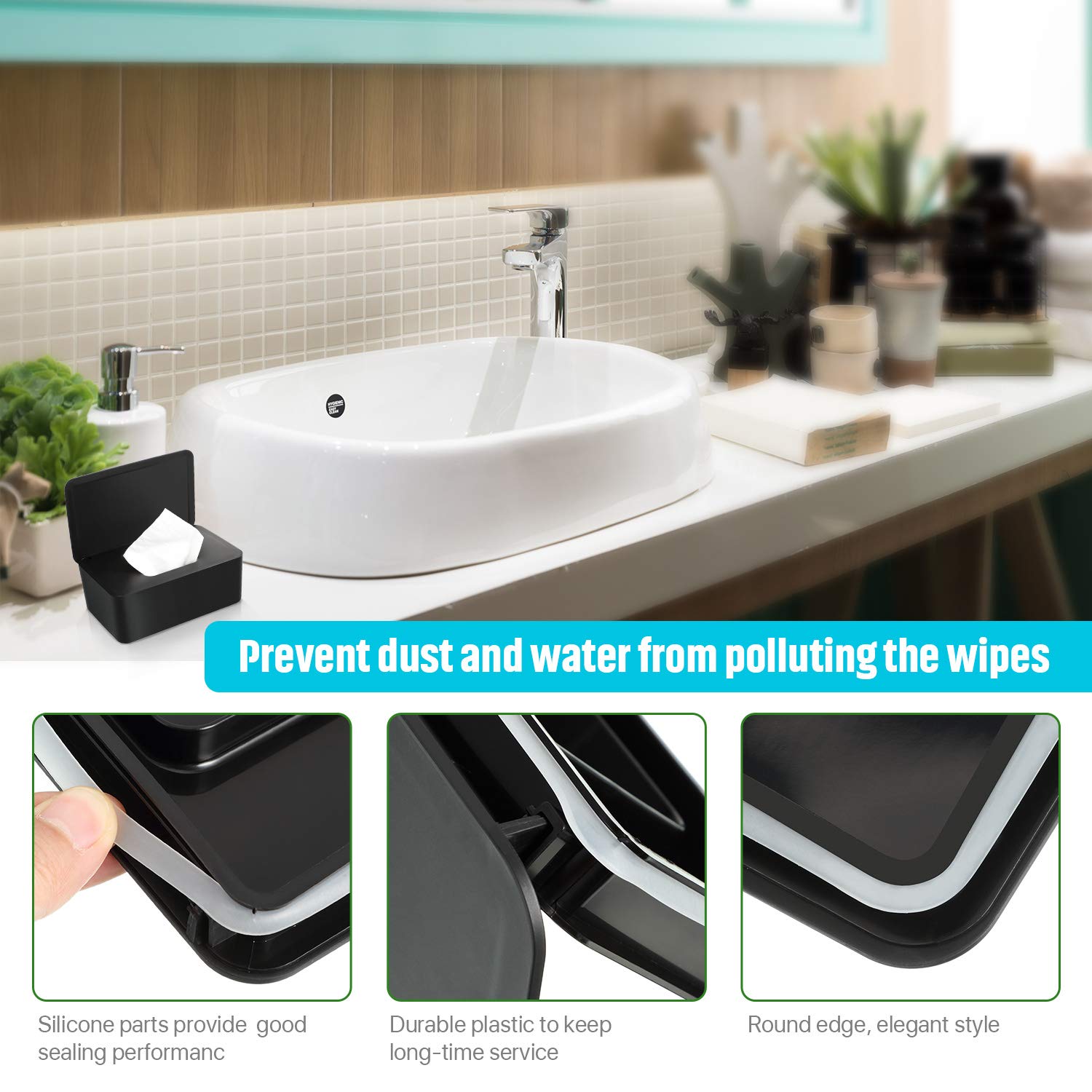 Baby Wipes Dispenser Holder with Lids for Napkin Nappy Paper Tissue Towel Mask Storage Case Box, Keeps Wet Tissue Fresh, Flushable Wipes Pouch Case Container for Bathroom Baby Nursery (Black)