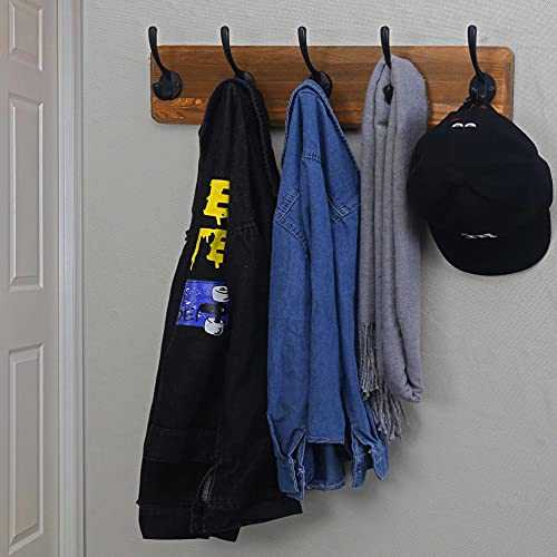 Dseap Coat Rack Wall Mounted with 5 Coat Hooks - Heavy Duty Wooden Wall Coat Hanger for Clothes Hat Jacket Clothing, Natural & Black, 2 Packs