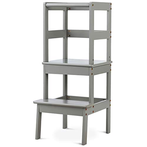 Costzon Kids Kitchen Step Stool with Safety Rail, Wood Standing Tower Learning Stool with Anti-Slip Strips for Children, Toddlers Kitchen Counter Helper Stool for Bathroom