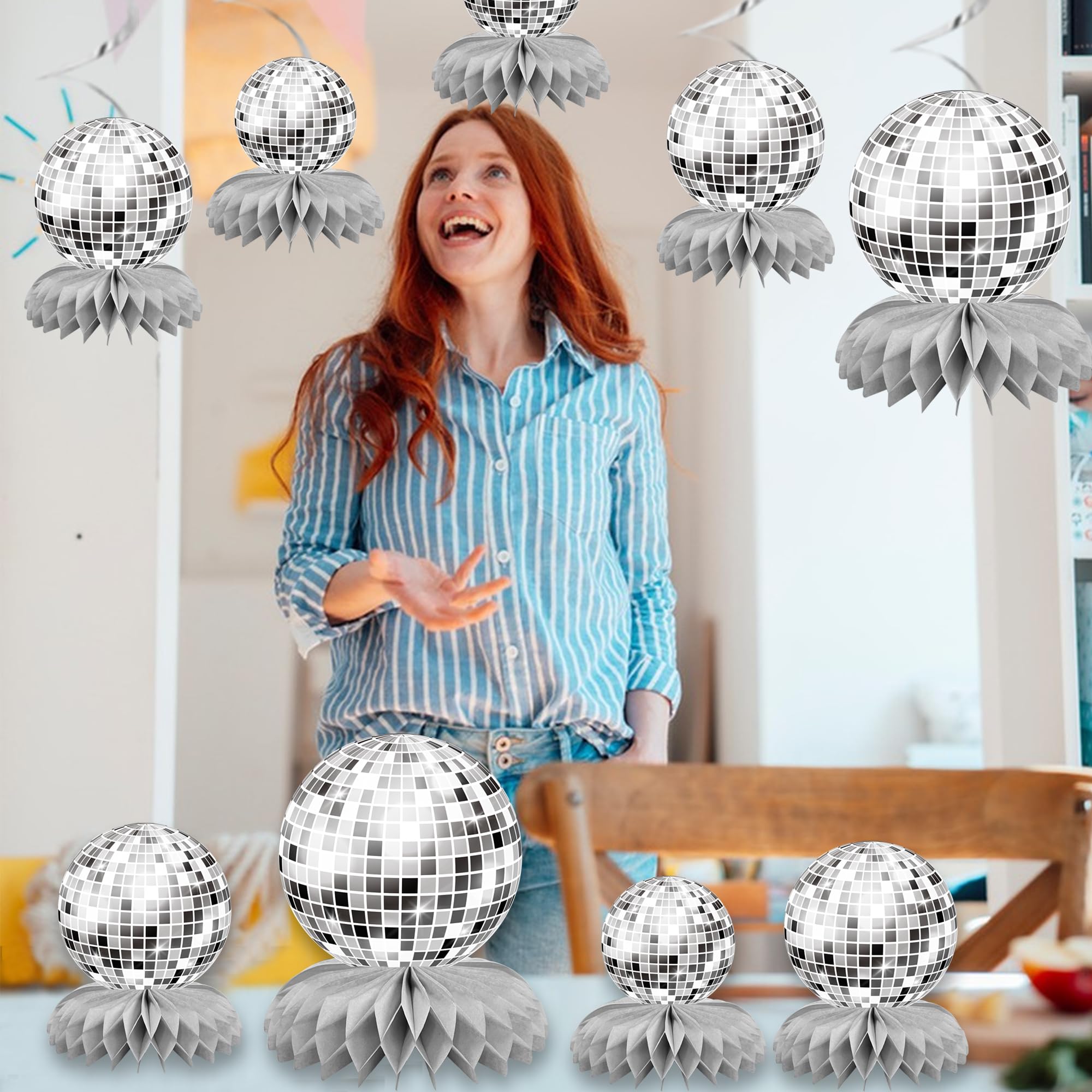 15 PCS Silver Disco Theme Honeycomb Centerpieces Disco Ball Party Decorations 70s Disco Party Table Centerpieces for Back to 70s Party Supplies Favors