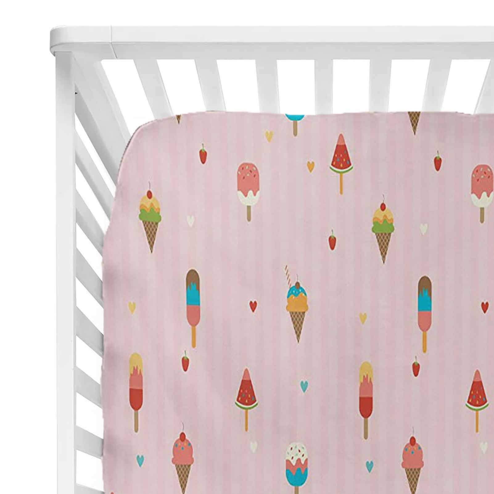 Ice Cream Fitted Crib Sheet,Pastel Pink Striped Backdrop with Hearts Different Toppings on Sticks and Cones Microfiber Silky Soft Toddler Mattress Sheet Fitted,28"x 52"x 8'',Baby Sheet for Boys Girls