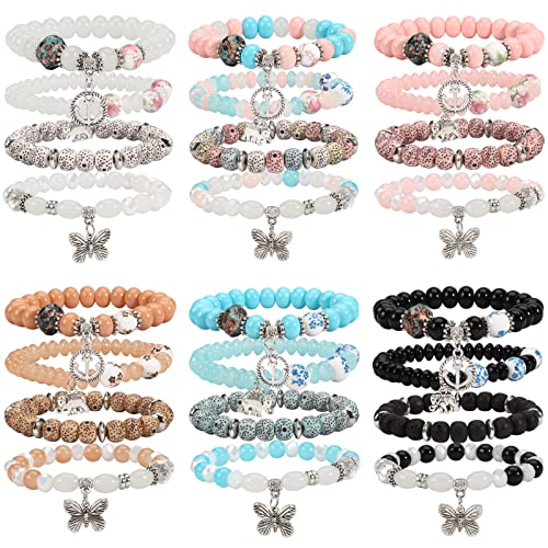 6 Set Butterfly Bracelets for Women and Teen Girls Multilayer Beads Tassel Stretch Bracelet Charm Boho Colorful Jewelry