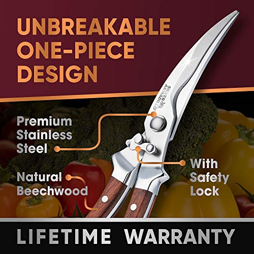 Heavy Duty Poultry Shears | Food Grade Stainless Steel Scissors for Bone, Chicken, Meat, Fish, Seafood, Vegetables | Anti-Rust Ergonomic Spring Loaded Food SHEAR | Built-In Lock |(Brown Wood Handles)